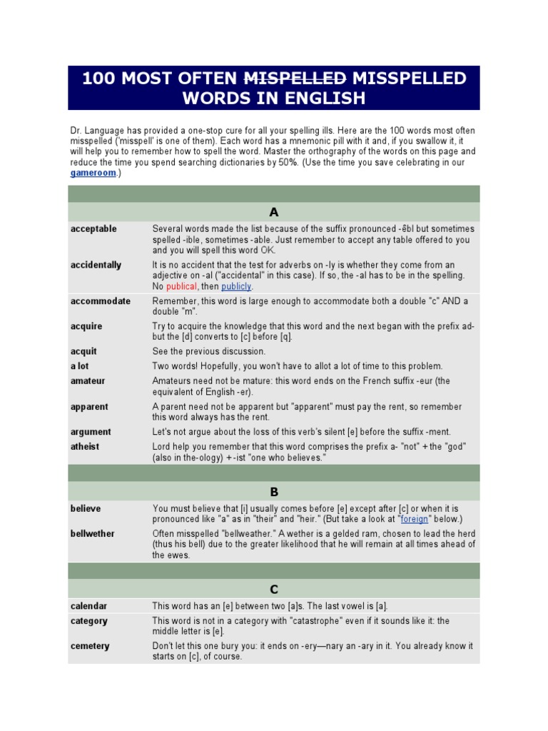 100 Most Often Misspelled Words in English | PDF | English Language ...
