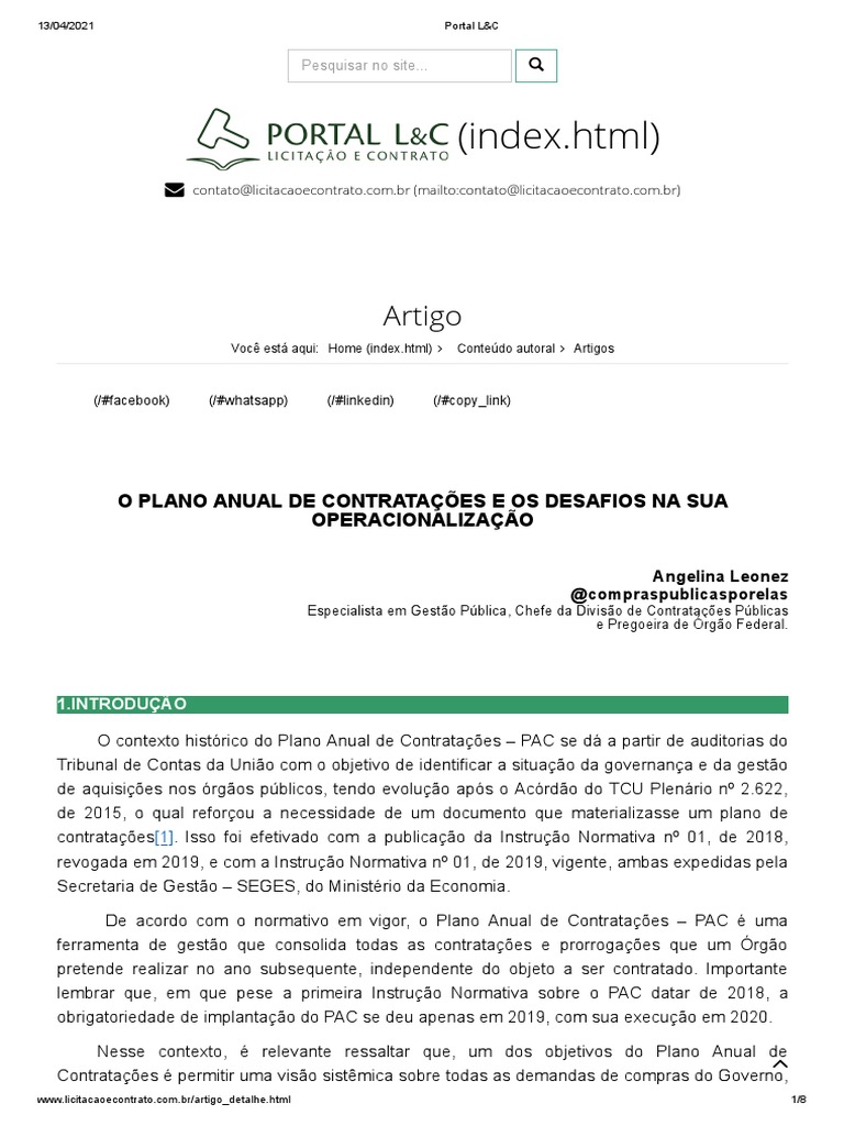 O Plano Anual de Contratacoes e o Desafio Na Sua Operacionalizacao ...