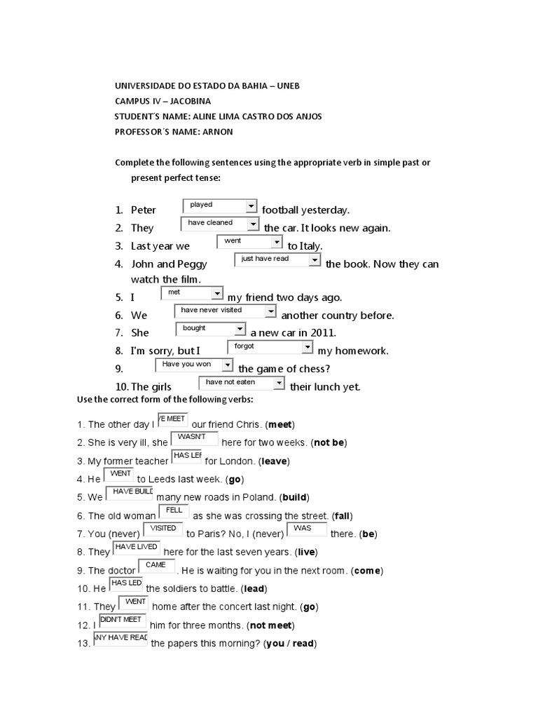 Grammar Exercices About Simple Past and Present Perfect Tense | PDF ...