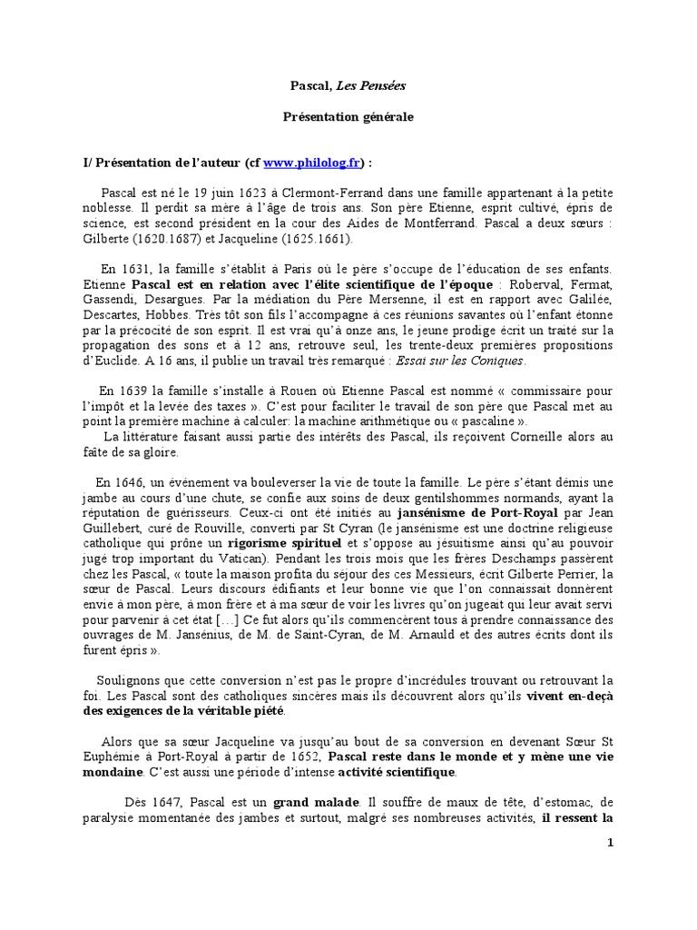 Pascal Pensées Présentation | PDF | Existentialisme | Existence