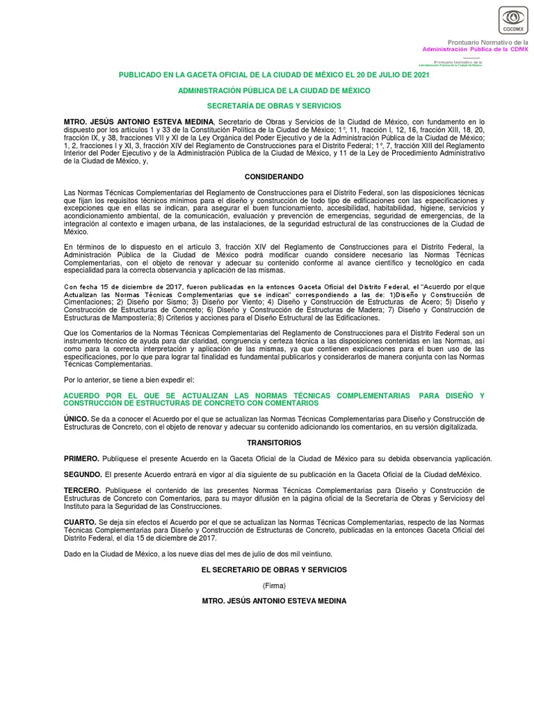 Acuerdo Por El Que Se Actualizan Las Normas Técnicas Complementarias para Diseño y Construcción ...