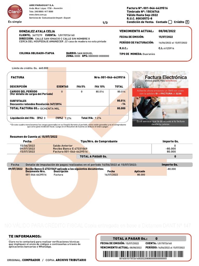 Factura Claro 202207 1 | PDF | Factura