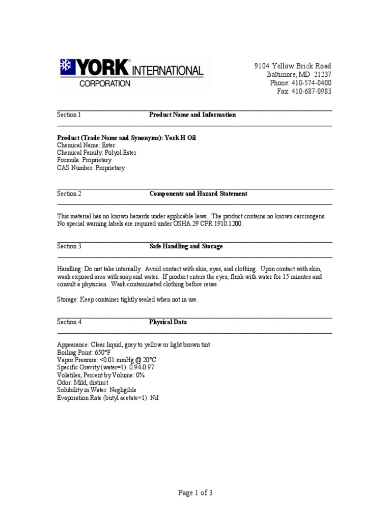 York H MSDS | PDF