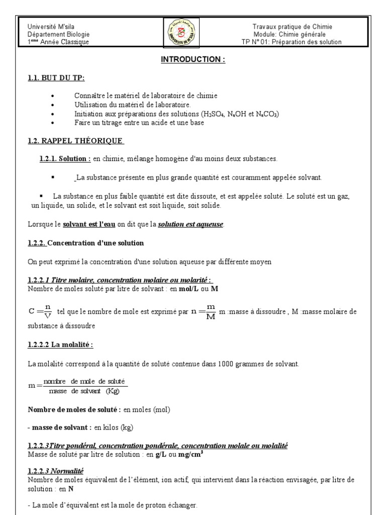 Préparation Des Solutions | PDF | Concentration molaire | Chimie physique
