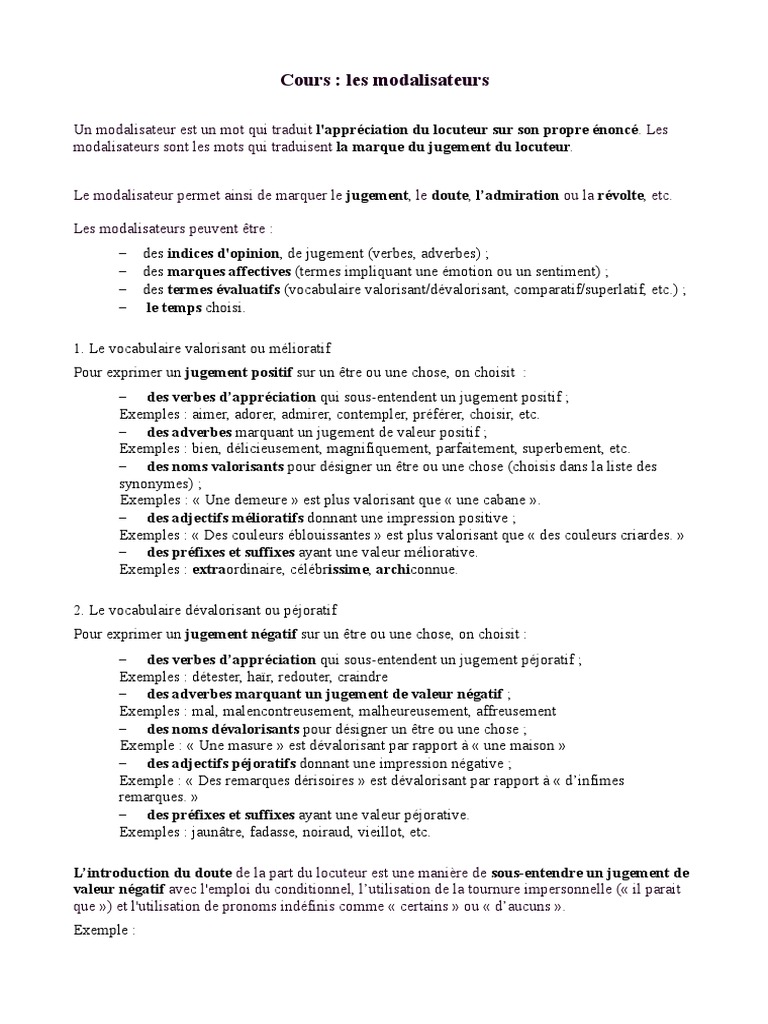 Comprendre les modalisateurs en français | PDF | Verbe | Adverbe