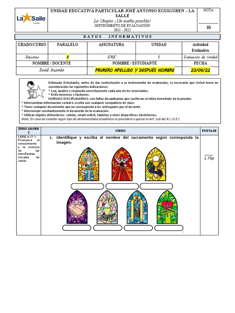 Pruebas Parciales 10mo Egb | PDF | Pascua de Resurrección | Sacramentos