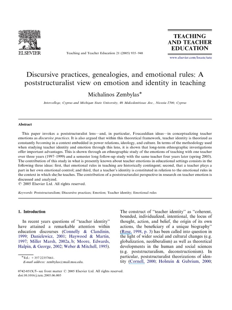 2005, Zembylas. Discursive - Practices - Genealogies - and - Emo | PDF | Discourse | Emotions