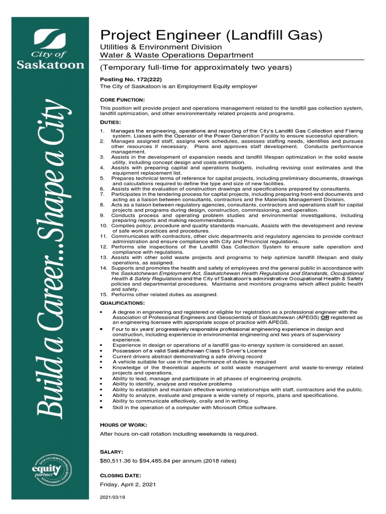 172 (222) - Project Engineer (Landfill Gas) (28173) | PDF | Landfill ...