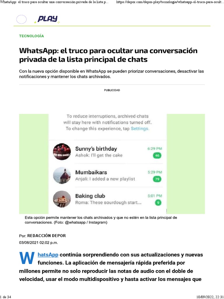 WhatsApp El Truco para Ocultar Una Conversación Privada de La Lista Principal de Chats | PDF ...