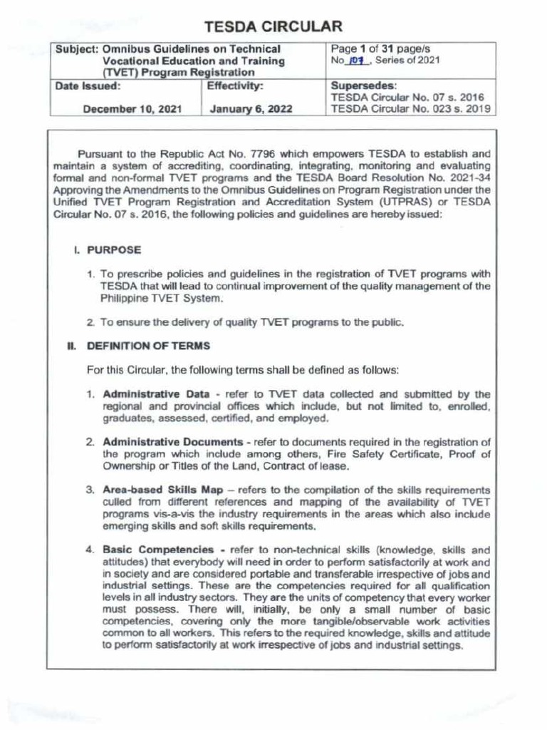 TESDA Guidelines for TVET Program Registration | PDF | Vocational Education