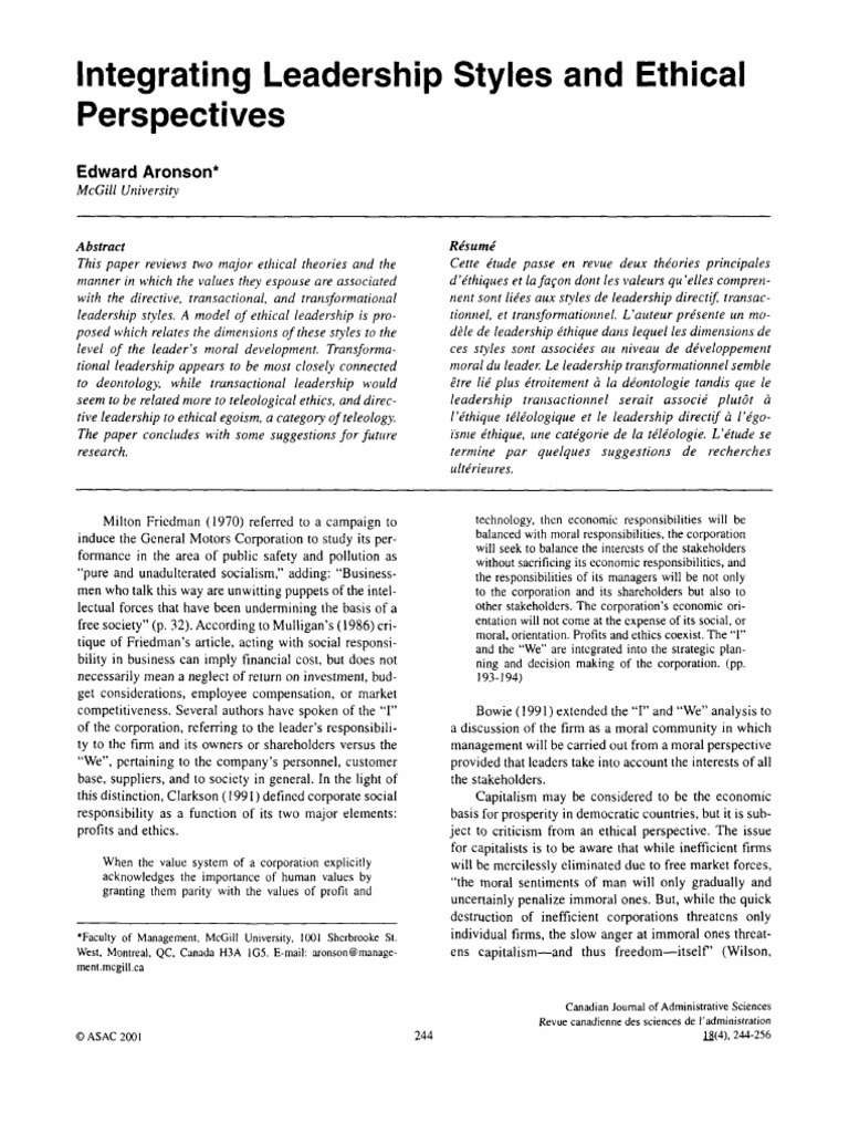 Can J Adm Sci - 2009 - Aronson - Integrating Leadership Styles and Ethical Perspectives | PDF ...