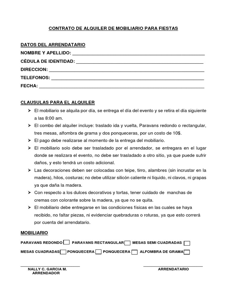 Contrato de Alquiler de Mobiliario para Fiestas | PDF
