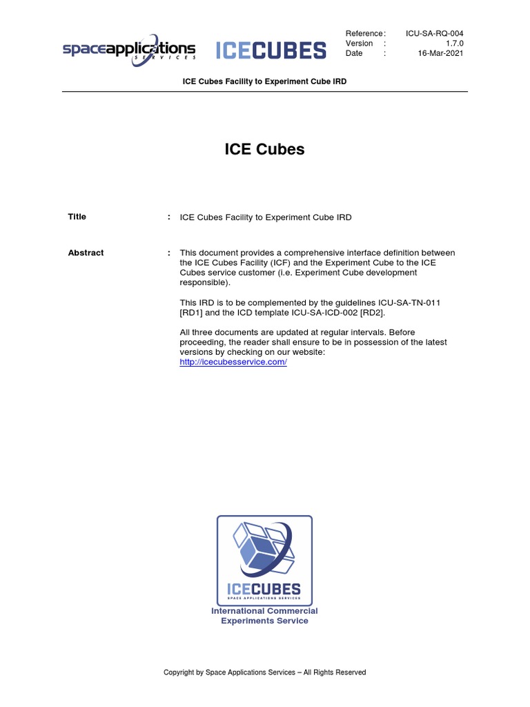 ICU SA RQ 004 - 1.7.0 ICE Cubes Facility To Experiment Cube IRD | PDF ...