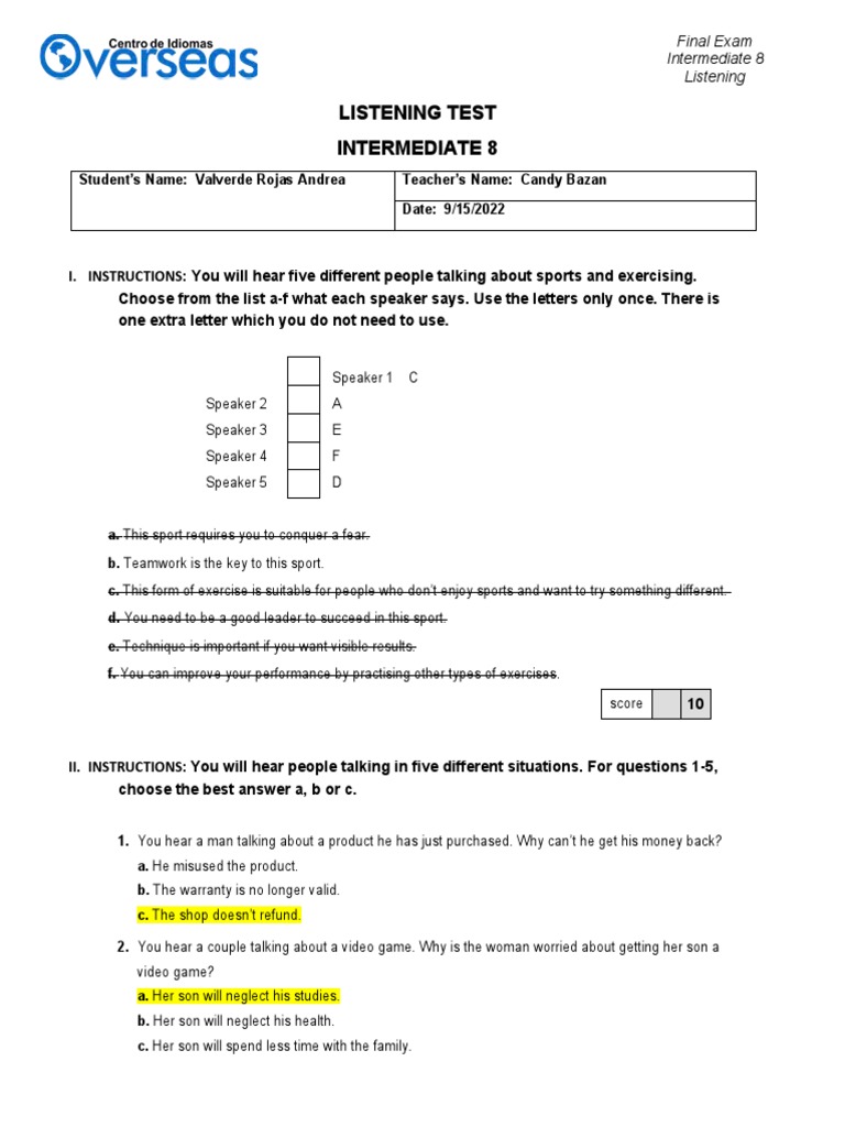 Intermediate Listening Test Instructions | PDF