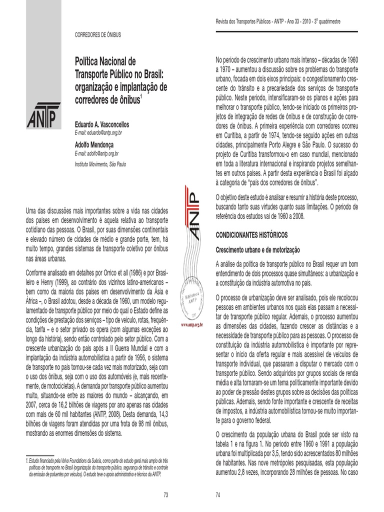 Política Nacional de Transporte Público No Brasil | PDF | Transporte ...
