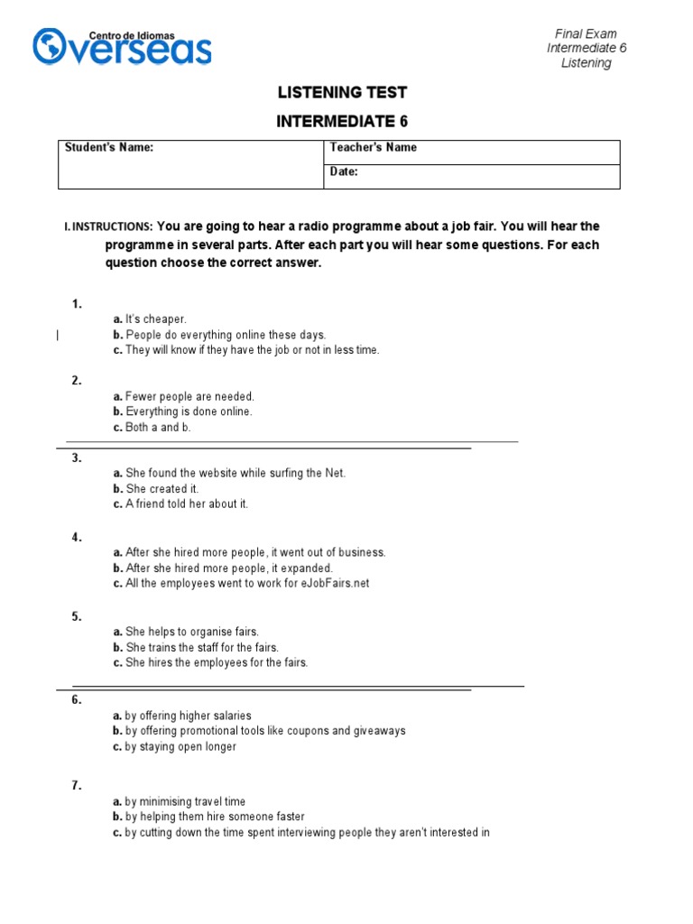 INTERMEDIATE 6 (Listening) | PDF | Test (Assessment) | Employment