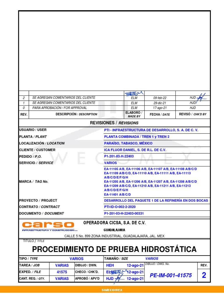 Pe-Im-001-41575 - 2 Procedimiento de Prueba Hidrostatica | PDF | Presión | Líquidos