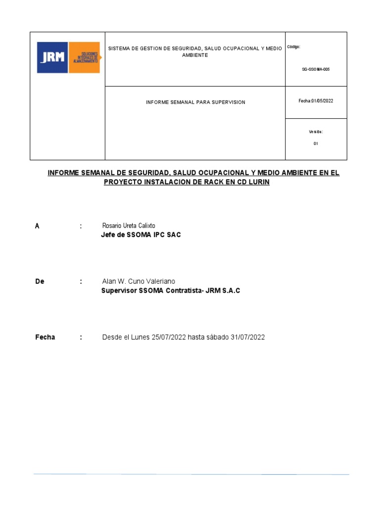 Informe Semanal Ssoma 25 Julio Al 31 de Julio - JRM | PDF Informe Semanal Ssoma 25 Julio Al 31 de Julio - JRM | PDF