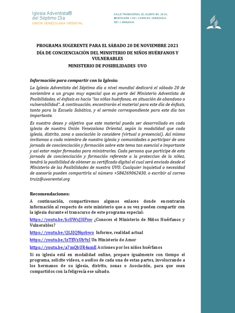 H 2021 Programa Sugerente Dia de Concienciacion de Niños Huerfanos y Vulnerables | PDF ...