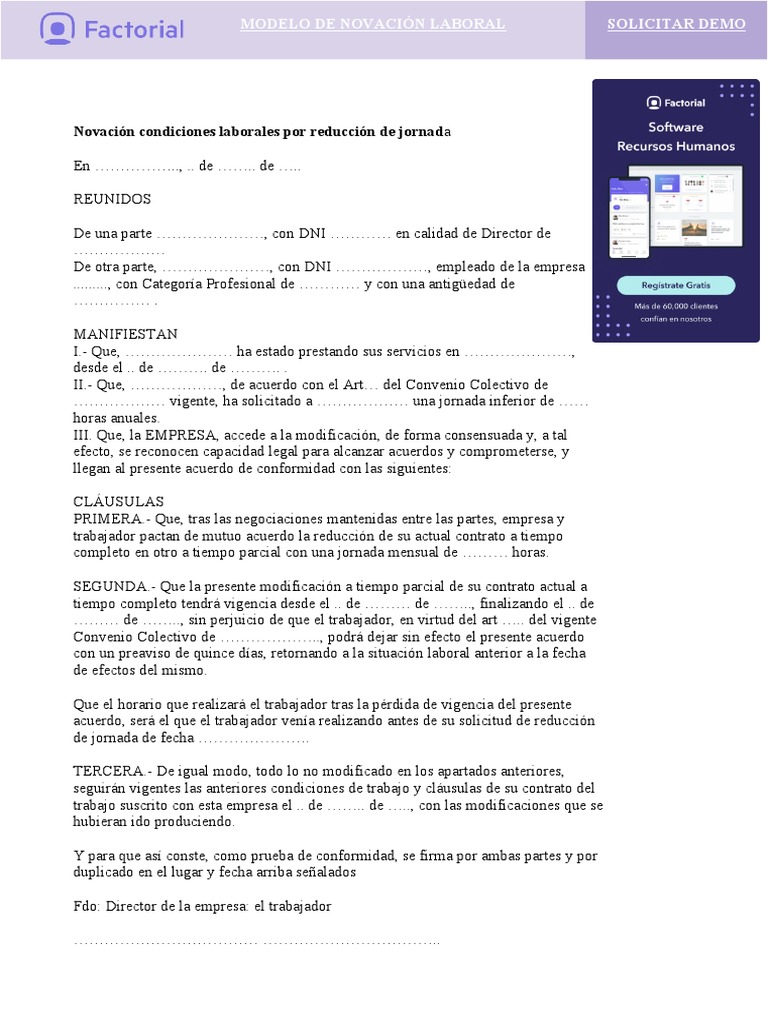 Modelo de Novación de Contrato FactorialHR | PDF