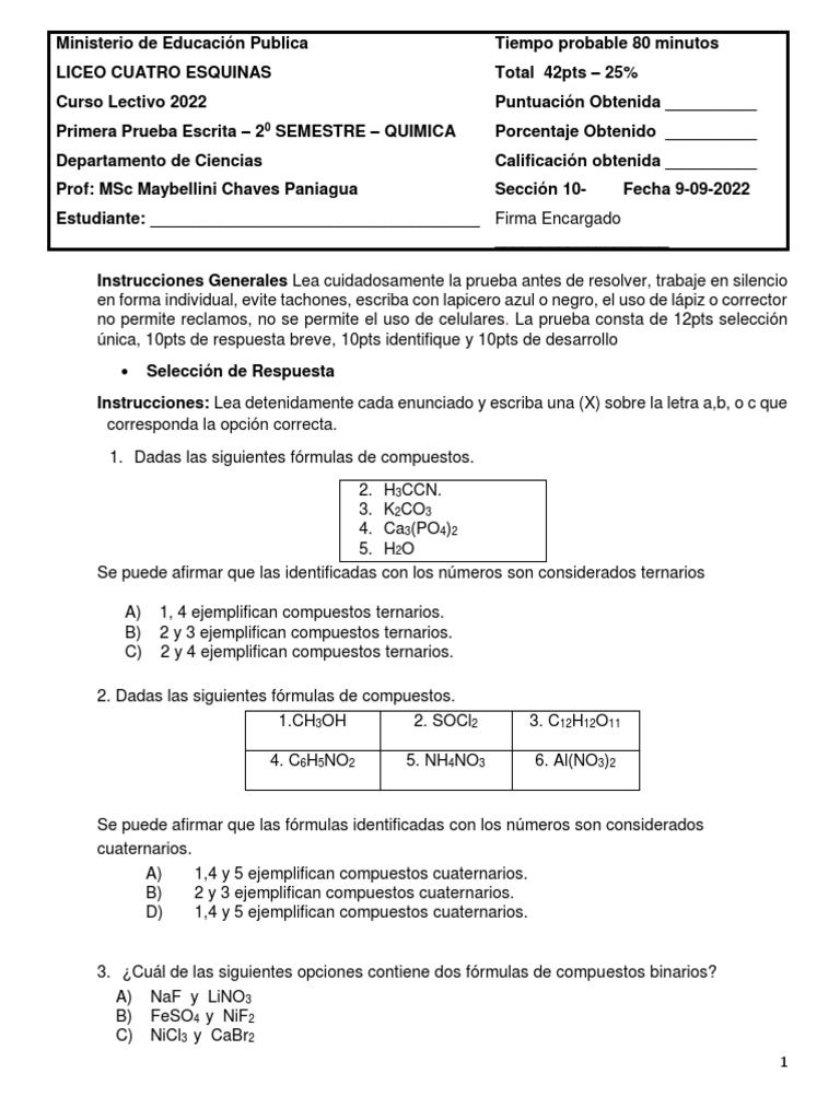 I Prueba - II Semestre 2022 Lace 10 Quimica | PDF