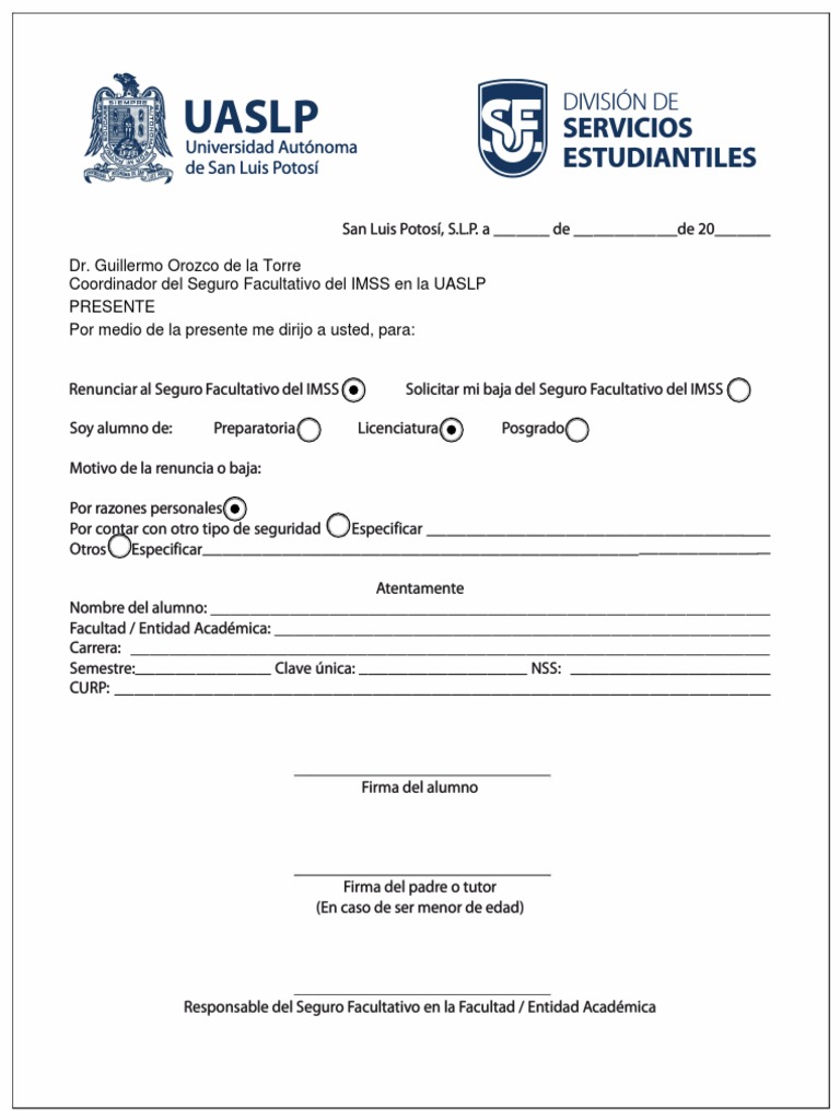 Formato para Renuncia o Baja Del Seguro Médico Del Imss | PDF