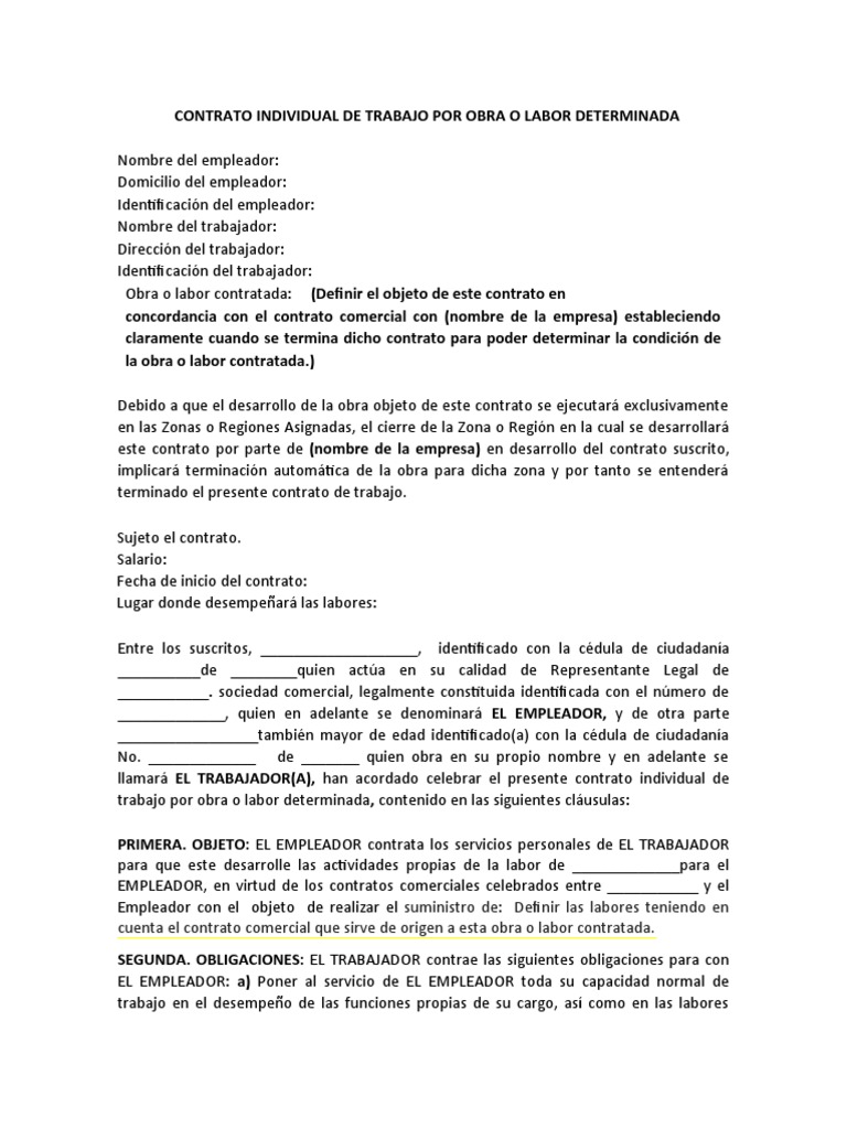Contrato de Trabajo Por Obra o Labor Determinada | Descargar gratis PDF | Salario | Derecho laboral