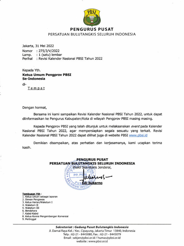 275 - Revisi Kalender Nasional PBSI Tahun 2022 | PDF