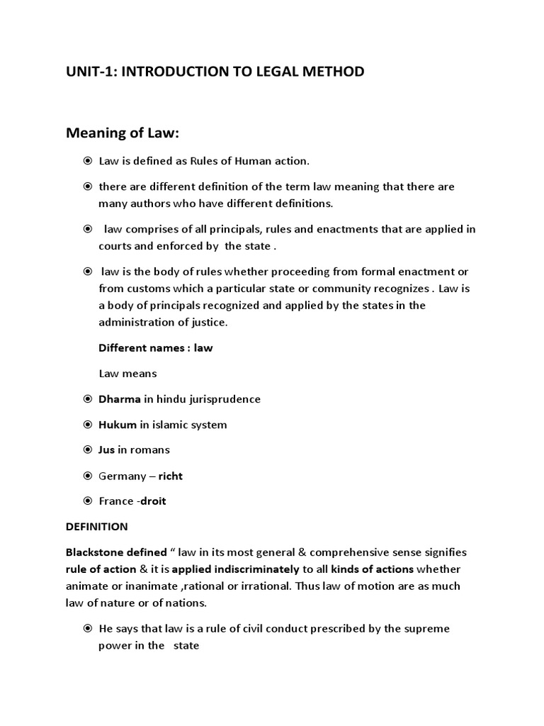 Unit - 1 Legal Method Notes | PDF | Justice | Crime & Violence