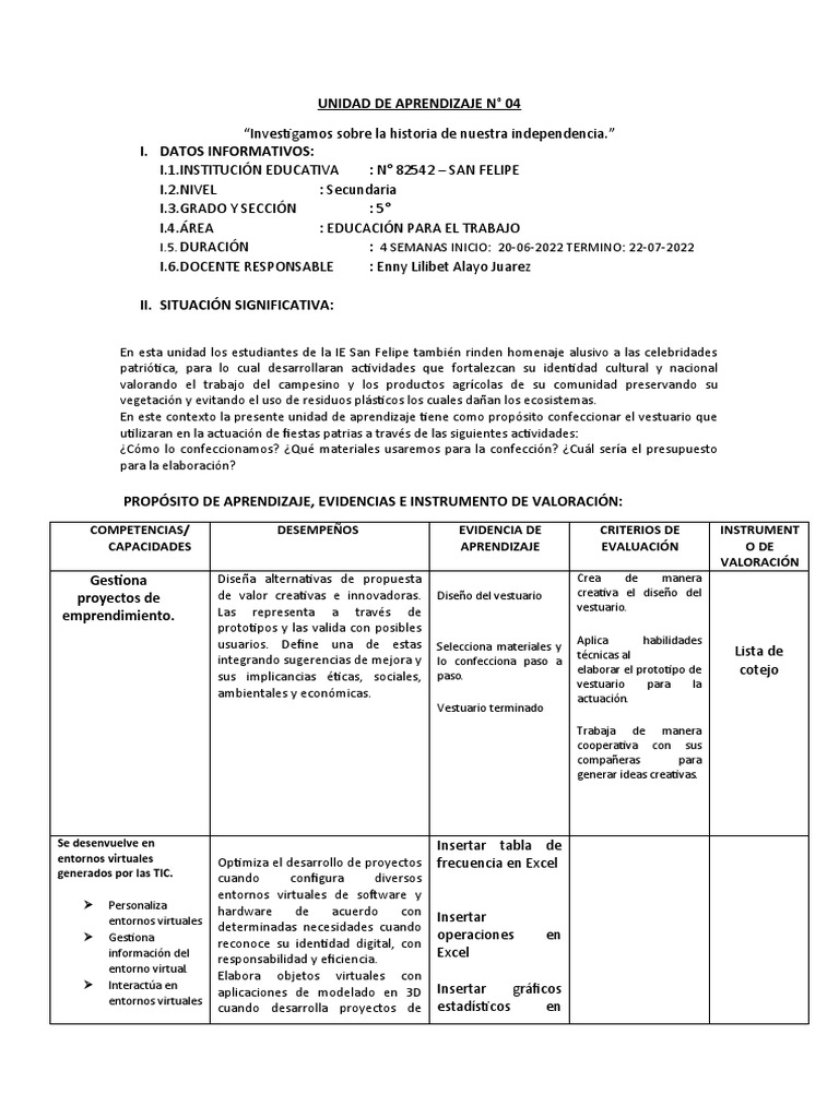 Unidad de Aprendizaje Nº03 5° - Ept | PDF | Aprendizaje | Microsoft Excel