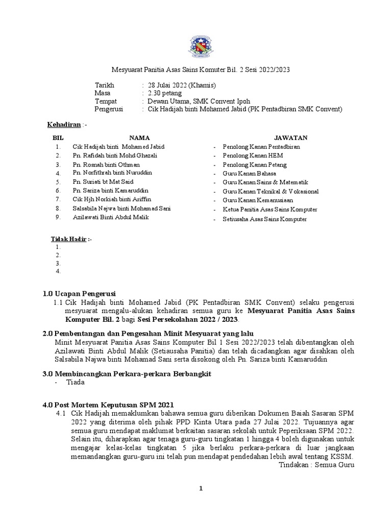 Ask Minit Mesyuarat Panitia Bil.2 2022 2023 | PDF