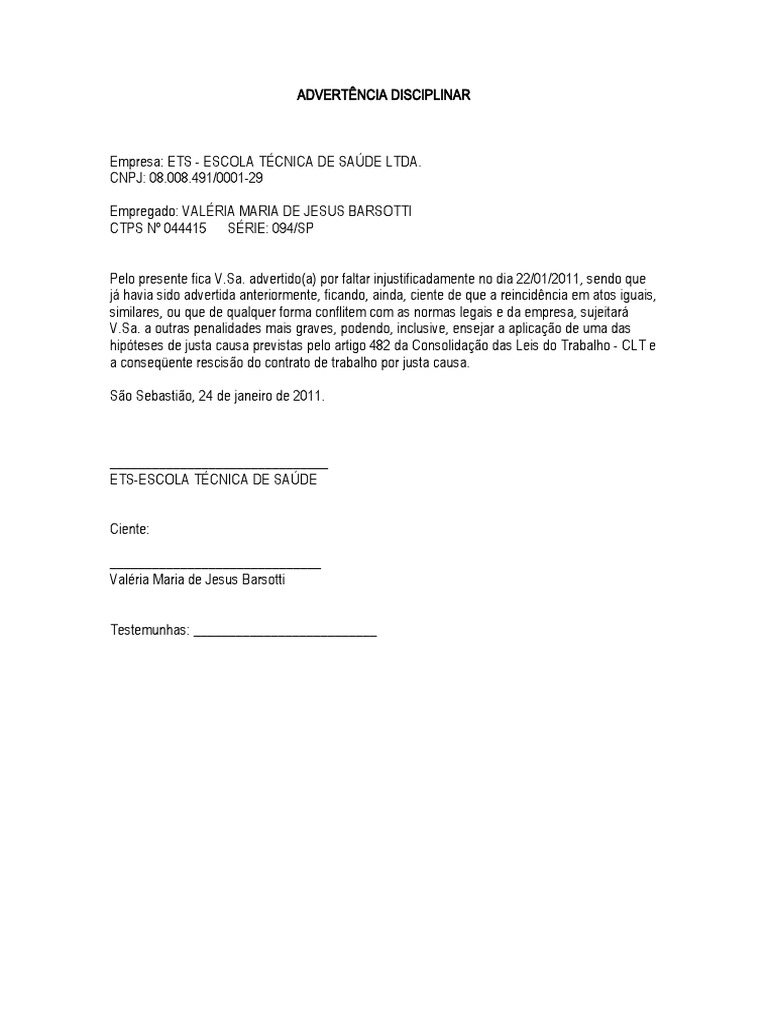 Modelo De Carta De Advertencia Verbal V Rios Modelosmodelo De Carta De ...
