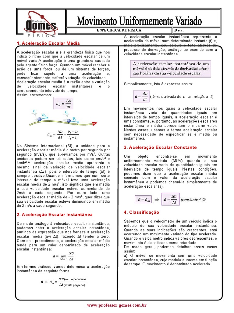 Física aceleração escalar média | PDF | Velocidade | Velocidade