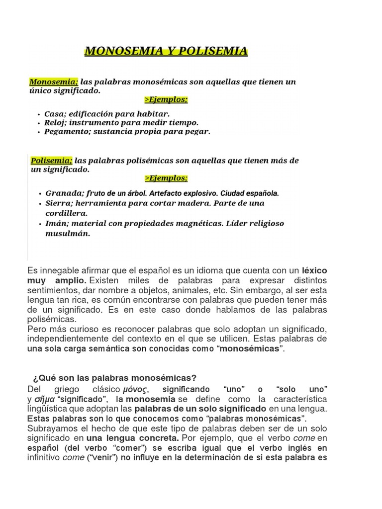 Monosémicas y Polisémica | PDF | Palabra | Verbo