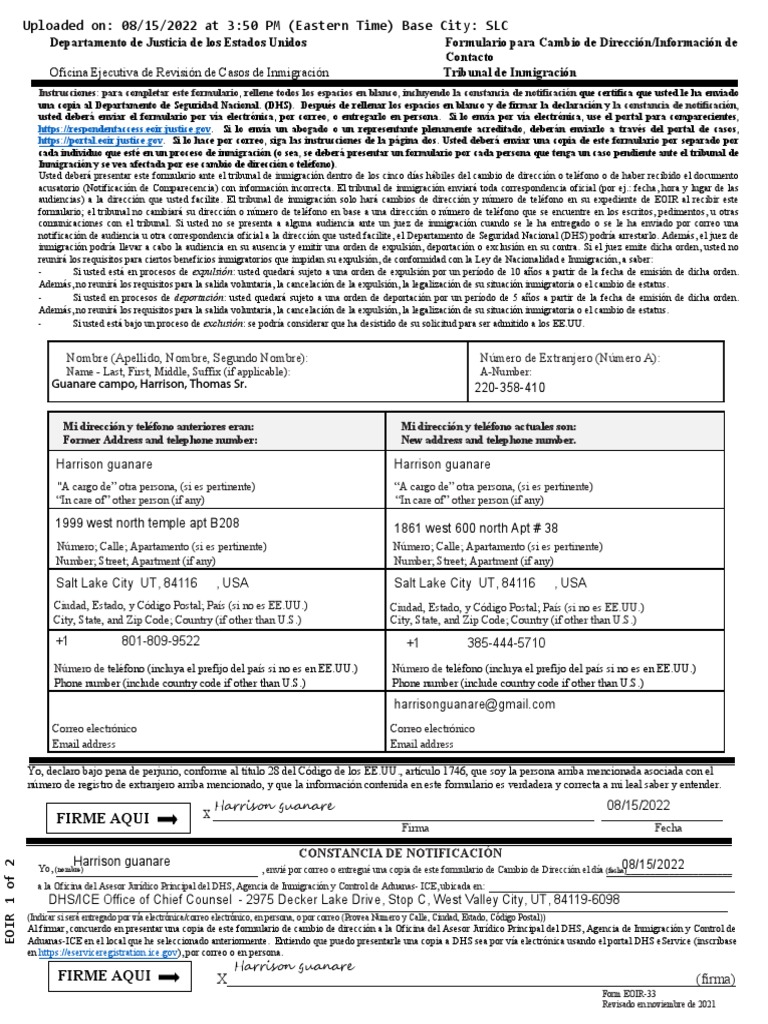 Eoir 33 Change of Address | PDF
