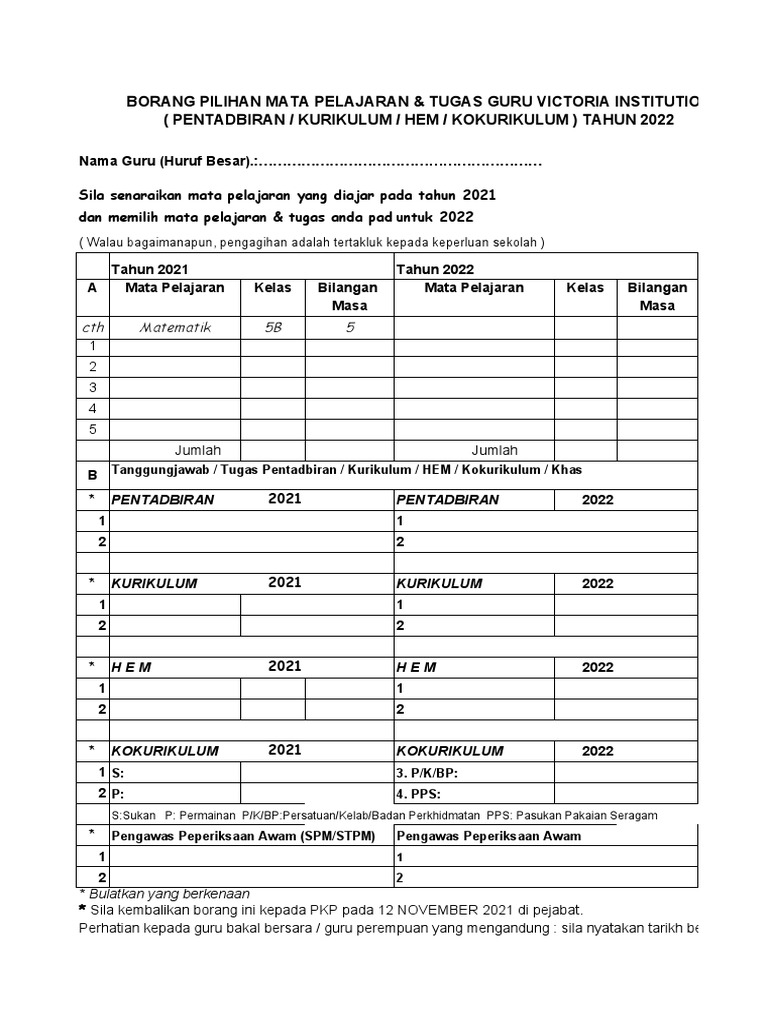Borang Pilihan MP & TUGAS Guru 2022 | PDF