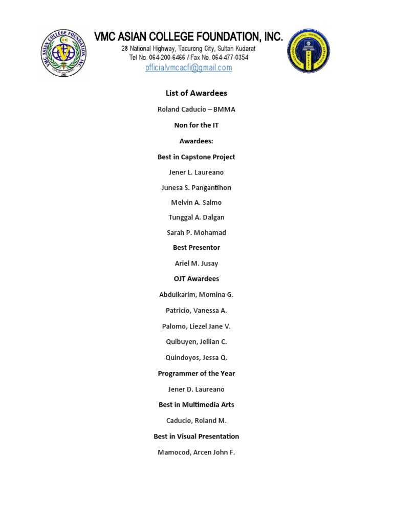 Awardees List for VMC Asian College | PDF