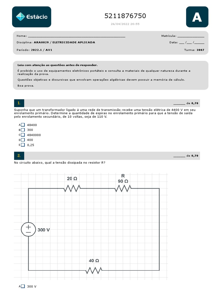 Prova Eletricidade Aplicada Pdf