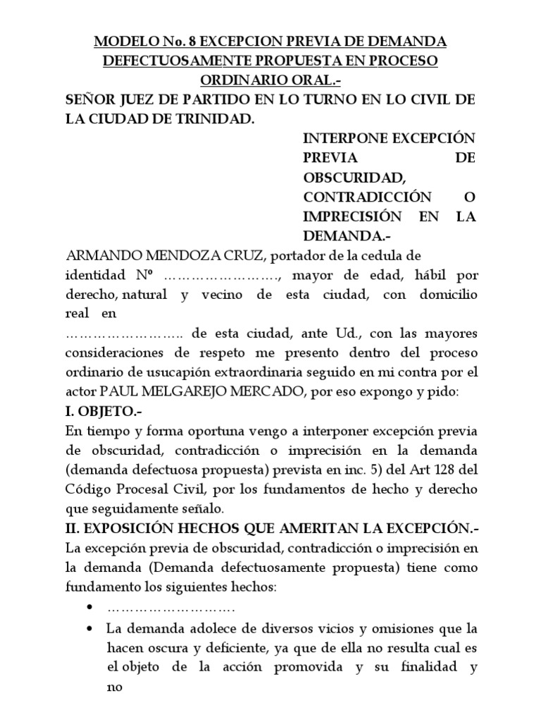 Modelo No. 8 Excepcion Previa de Demanda Defectuosamente Propuesta en ... Modelo No. 8 Excepcion Previa de Demanda Defectuosamente Propuesta en ...