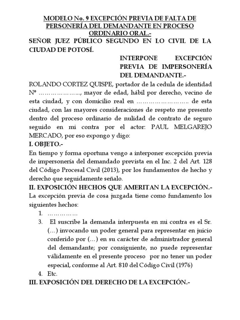 Modelo No. 9 Excepción Previa de Falta de Personería Del Demandante en ... Modelo No. 9 Excepción Previa de Falta de Personería Del Demandante en ...