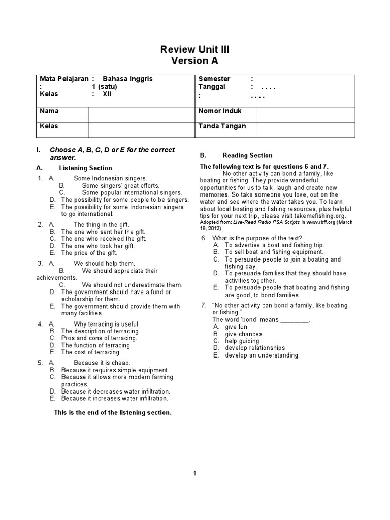 Review Unit 3 A SISWA | PDF | Seafood | Food And Drink