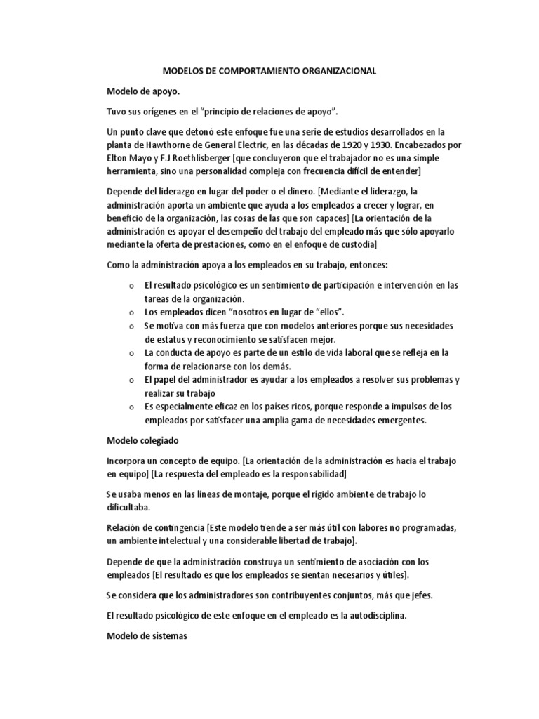 Modelos de Comportamiento Organizacional: Apoyo, Colegiado y Sistemas | PDF