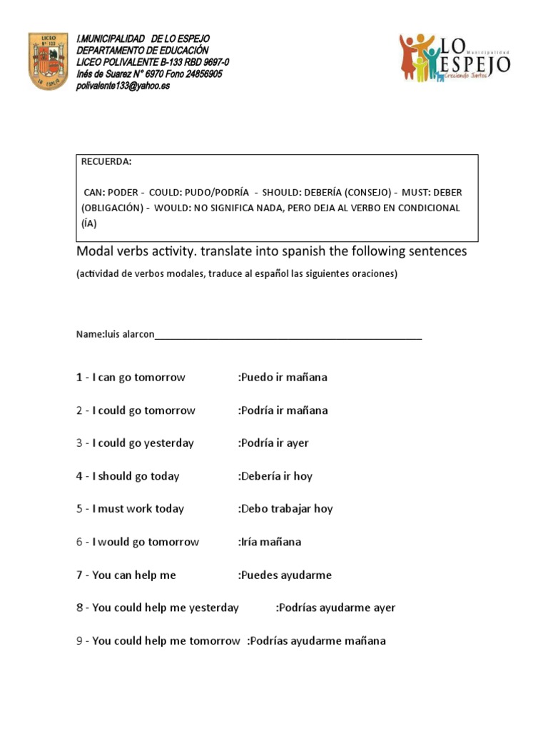 Modal Verbs Activity 1 | PDF