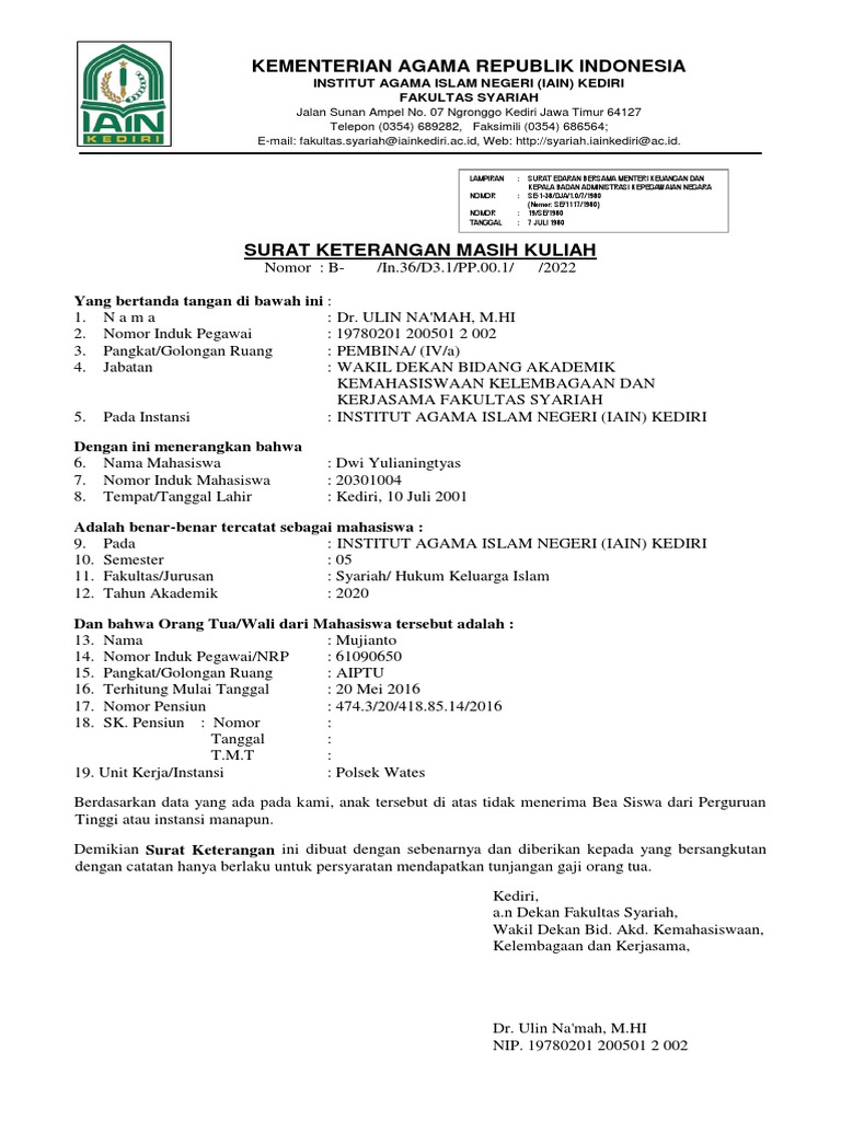 Surat Keterangan Aktif Tunjangan 1 TNR | PDF