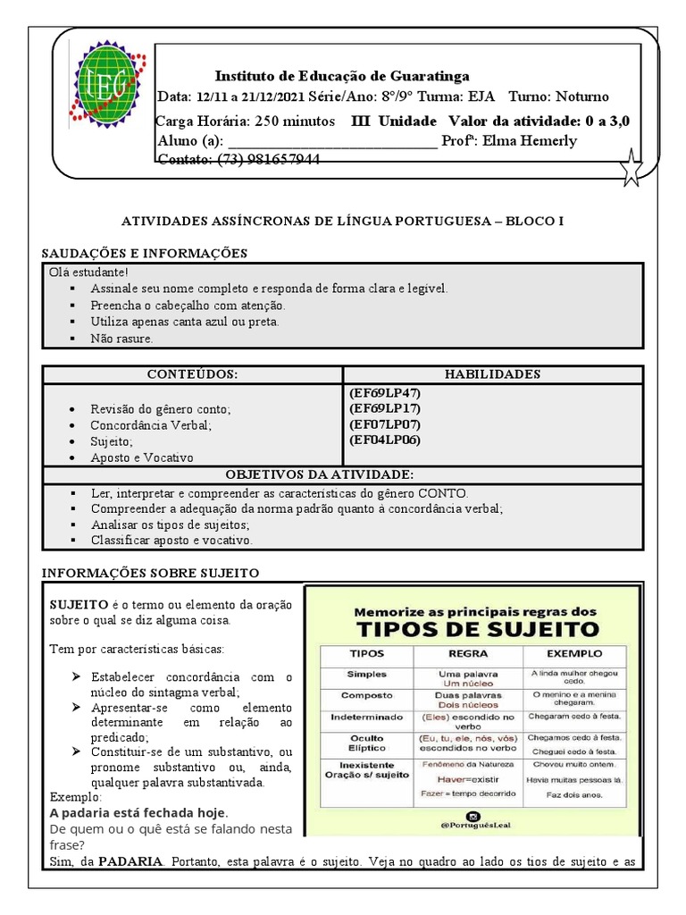 BLOCO 1 III UNIDADE EJA ELMA Pronto | PDF | Assunto (gramática) | Linguística