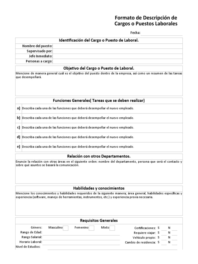Formato de Descripcion de Cargos o Puestos Laborales | PDF