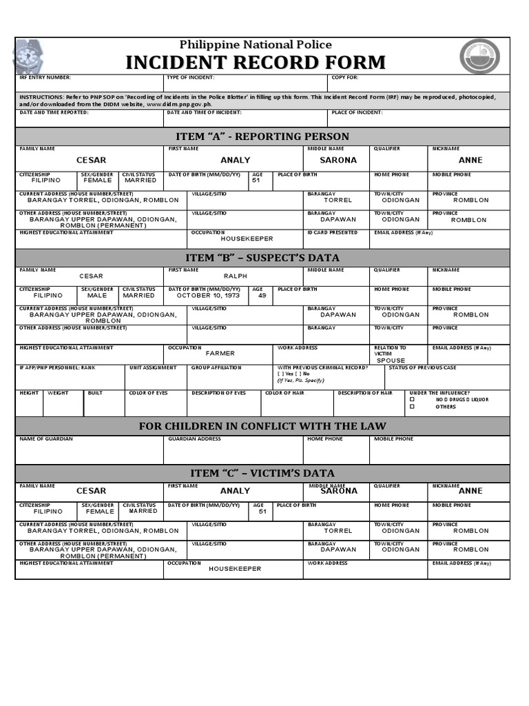 PNP Incident Record Form Template | PDF | Government | Criminal Law