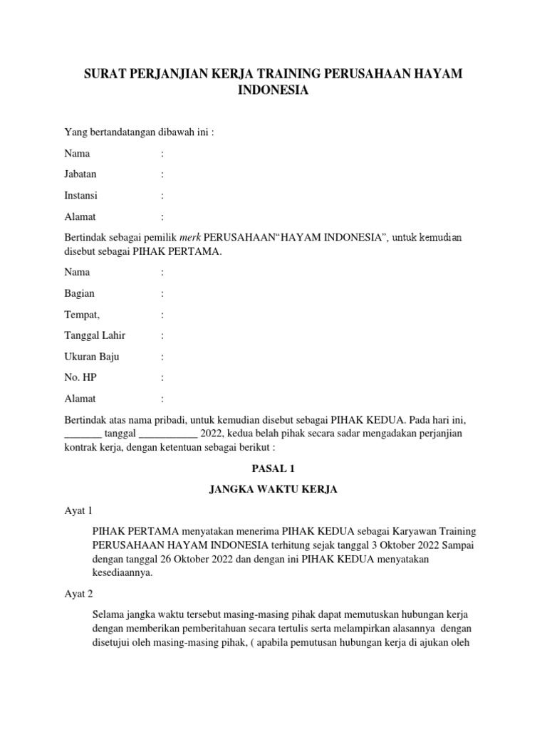 Surat Perjanjian Kerja Training Perusahaan Hayam Indonesia | PDF