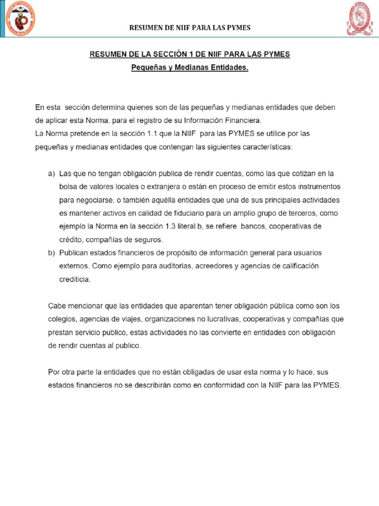 RESUMEN DE NIIF PARA LAS PYMES. RESUMEN DE LA SECCIÓN 1 DE NIIF PARA ...