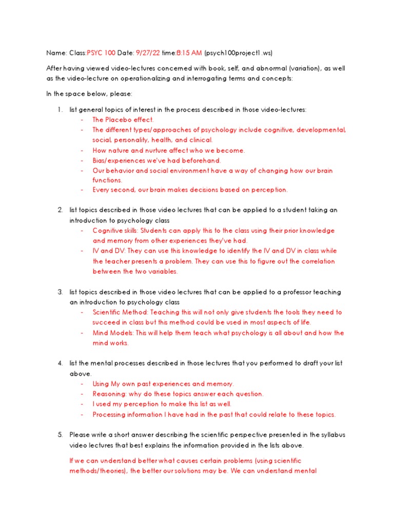 Psych 100 Project 1 | PDF